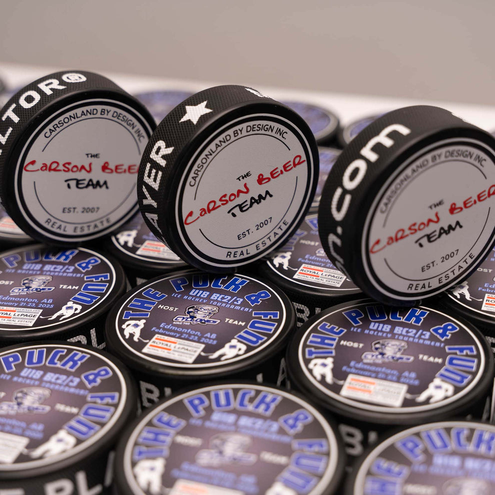 Custom Hockey Pucks with Edge Text & Logos – Perfect for Teams & Fans
